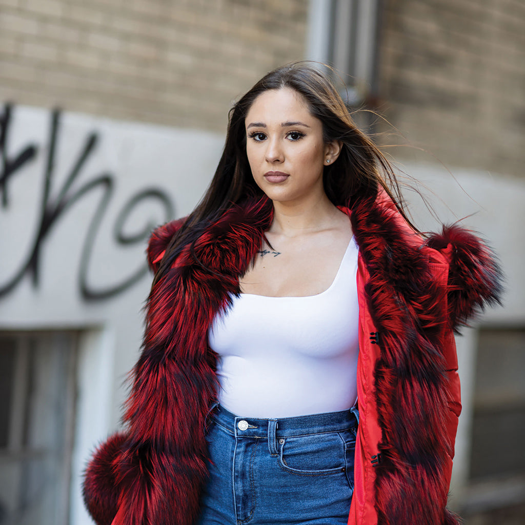 Melina - Red - leather - Raincoat - & - Red - Fox – Musifurs